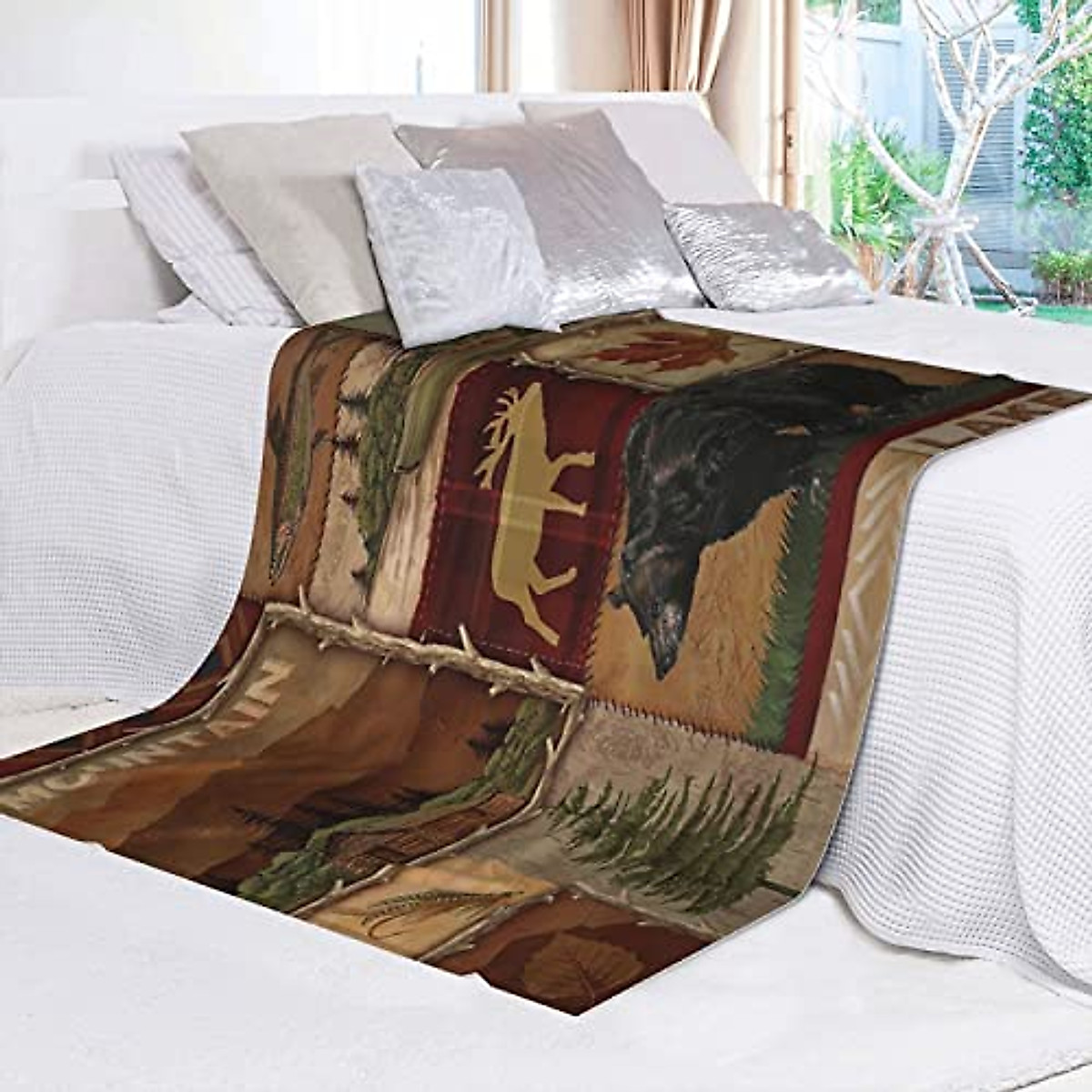 Country Style Rustic Cabin Wildlife Ultra-Soft Micro Fleece Throw Blanket,Lodge Bear Moose Deer,Custom Warm Lightweight Blanket for Couch Bed Living Room Bedroom Sofa 60"x50"