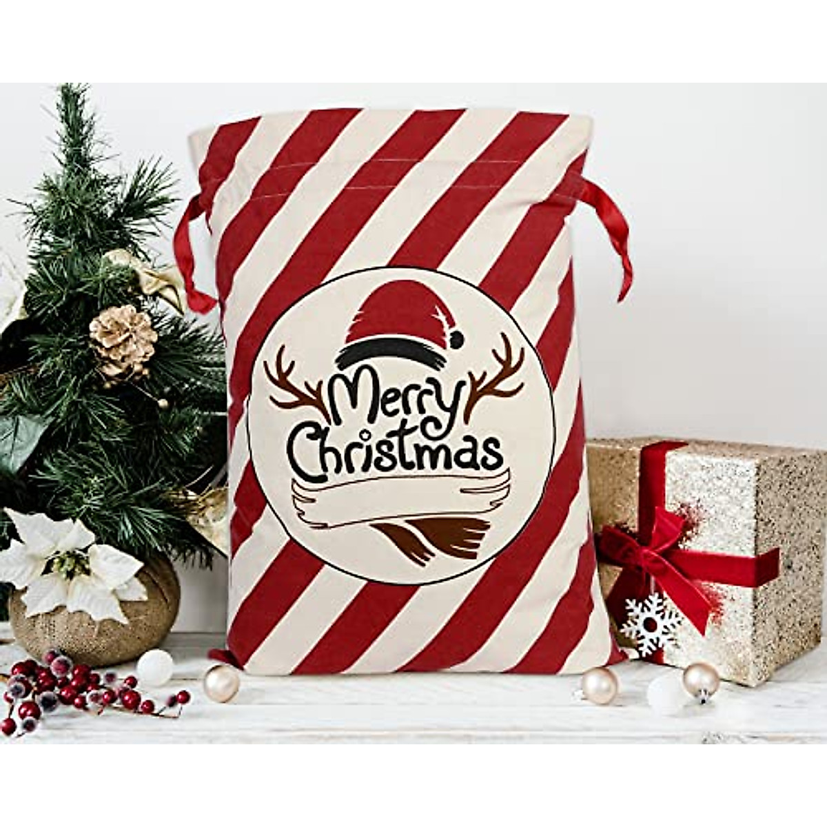 Jolly Jon Large Christmas Bags Santa Sacks - Red Candy Cane Santa Sack - XL Large Reusable Christmas Gift Bag - 17.5 x 24.5 with Drawstring Closure