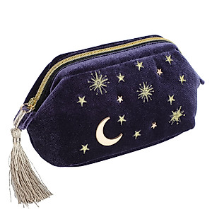 Handy cosmetic makeup bag,Navy Velvet Embroidered Applique Moon Stars Cosmetic Bag,Starry Makeup Pouch with Tassels & Pearl Zipper,Beautician Storage Bag