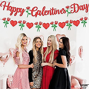 Happy Galentines Day Banner with Roses - 2 Strings, No DIY | Happy Galentines Day Decorations | Galentines Day Party Favors for Be My Galentine Decor | Galentine's Day Decorations, Galentines Décor