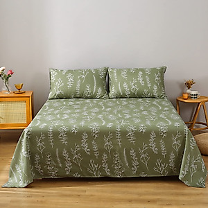 FULTEMPS Floral Sheets Set, Premium 100% Microfiber Flowery Beding Set Elegant Gingko Leaf Printed Farmhouse Bedding White Plants Deep Pocket Fitted Bed Sheets (King, Sage Green)