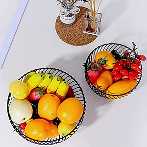 vocheer Metal Wire Fruit Basket, 2 Pcs Round Black Metal Bowl Vegetable Holder Decorative Stand for Bread, Snacks, Households Items Storage