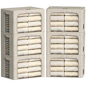 6 Pack Clothes Storage Bins with Metal Frame- Foldable Storage Bins for Clothes Linen Fabric Storage Box with Opening Clear Window (Beige, 15.7x11.8x7.8inch(22L))