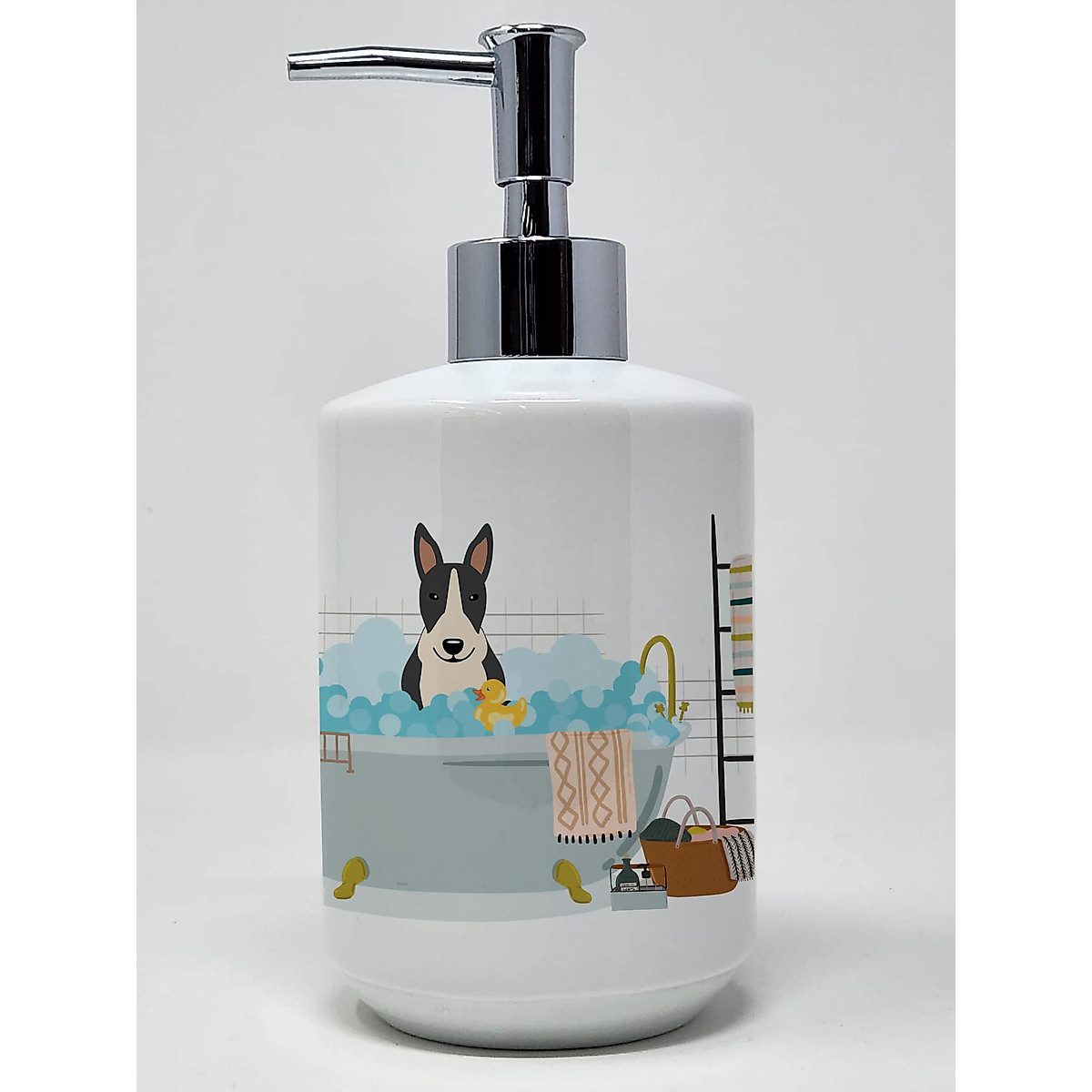 Caroline's Treasures WDK5830SOAP Black White Bull Terrier in Bathtub Ceramic Soap Dispenser Hand Soap Dispenser Pump Bottles for Bathroom Kitchen, Empty Refillable Liquid Soap Container