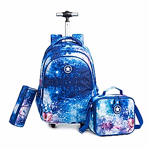 Oruiji Large Rolling Backpack for Boys Backpack with Lunch Box Pencil Case Galaxy Wheeled Backpack Carry on Luggage for Teen Boys
