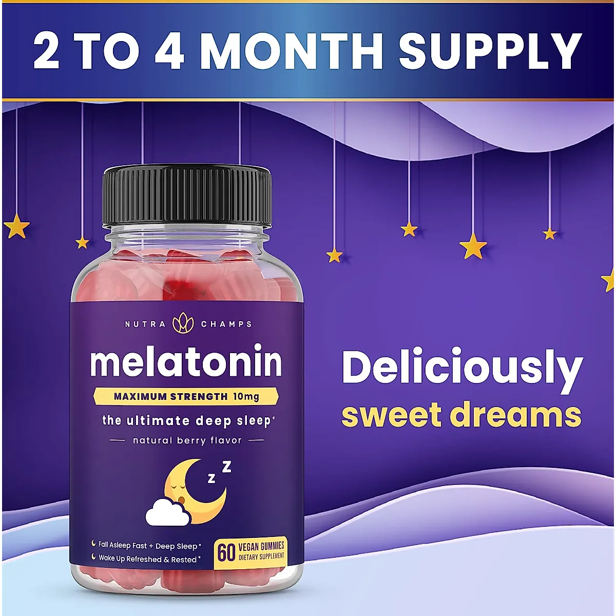 NutraChamps (Pack of 2 Melatonin Gummies for Adults, Extra Strength Sleep Aid Vitamins, 5mg or 10mg Dose, Vegan Natural Strawberry Flavor Supplement for Better Sleep, 120 Gummies