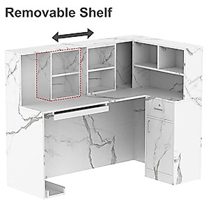 AIEGLE Reception Desk with Counter Drawers & Storage Shelves, L-Shaped Reception Counter Table for Salon Reception Room Checkout Office, White (55.9" L x 32.3" W x 48.4" H)