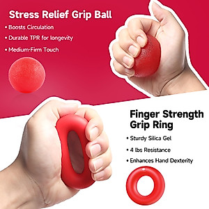 Hand Grip Strengthener Workout Kit (5 Pack) FitBeast Forearm Grip Adjustable Resistance Hand Gripper, Finger Exerciser, Finger Stretcher, Grip Ring & Stress Relief Grip Ball for Athletes (Red)