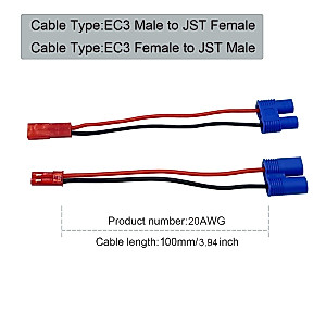 2pairs JST to EC3 Male Female Lipo Battery Connectors Adapter with 10cm 20awg Wire for RC FPV Racing Drone Multicopter Quadcopter Gimbal Aerial Camera RC Cars
