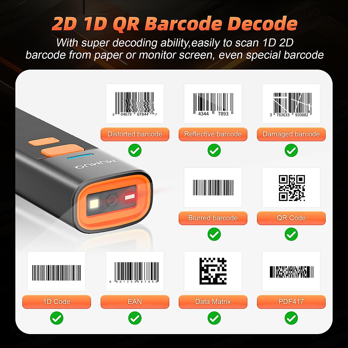 MUMUQ Wireless Barcode Scanner Mini Bluetooth 1D 2D QR Bar Code Scanner 3-in-1 Bluetooth & 2.4G & USB Wire Barcode Reader Compatible with Windows Android iOS Tablet PC (with Charging Dock)