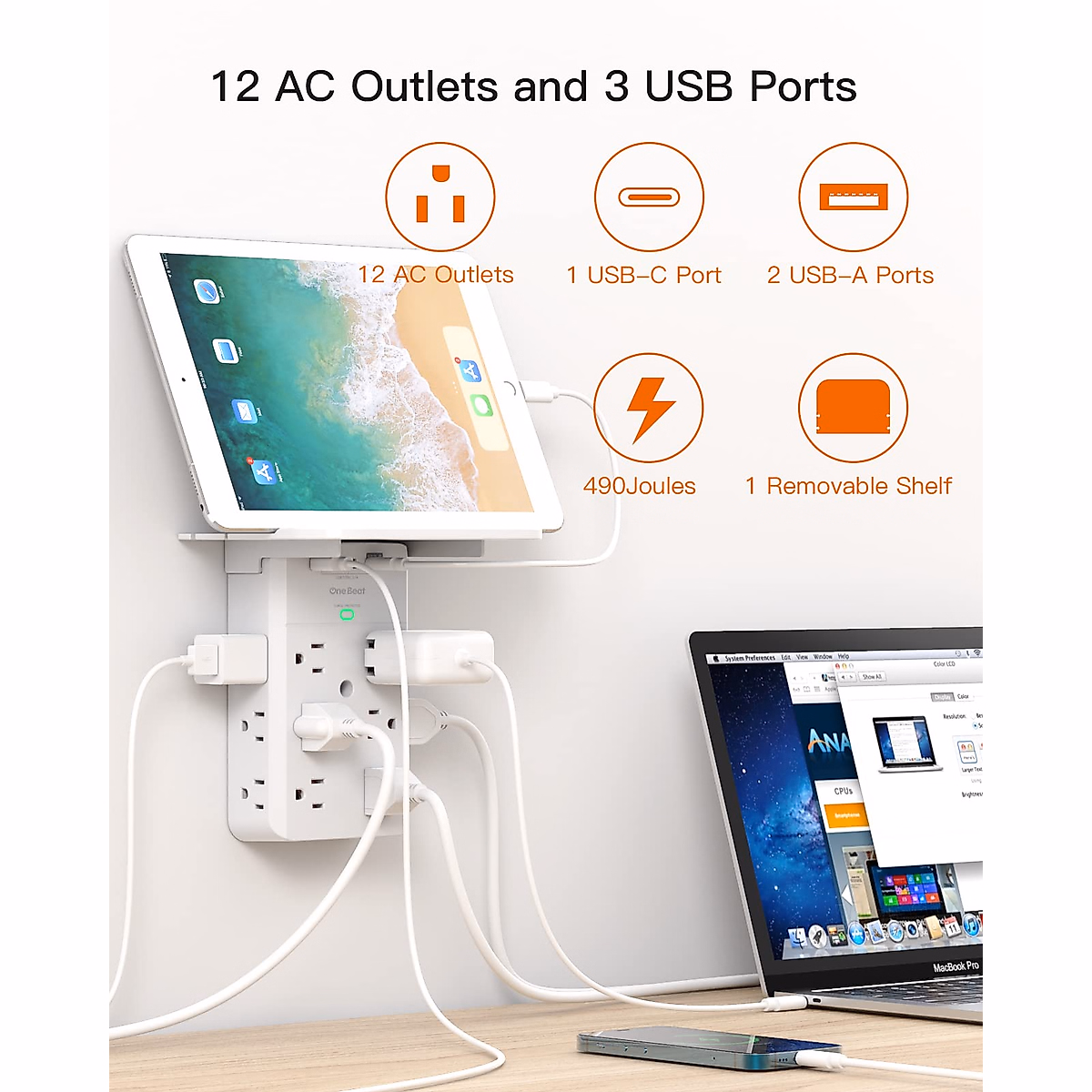 12-Plug Wall Outlet Extender with Shelf, Power Strips, Surge Protector 12 AC Outlets Multi Plug , 3 USB Ports (1 USB C Port) Expander for Home, Office, School