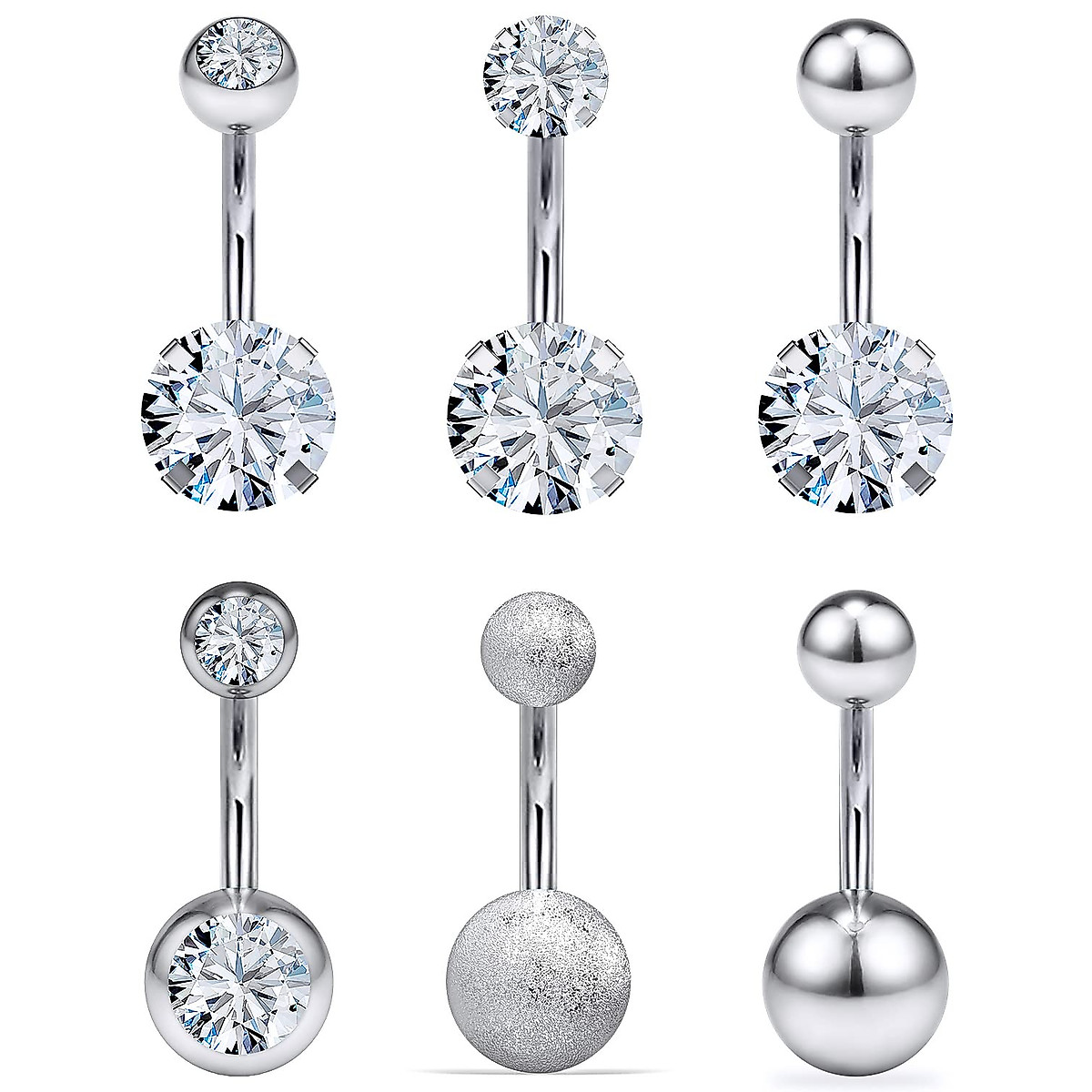14G Belly Button Rings Belly Rings for Women Men Stainless Steel CZ Belly Piercing Jewelry Surgical Steel Clicker Belly Button rings Curved Navel Ring Barbell Body Jewelry Piercing Silver 14mm 6Pcs
