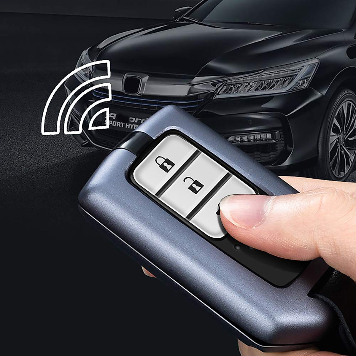 ontto for Honda Key Fob Cover Case Jacket Stylish Key Holder Sleek Metal Shell with Leather Keychain Compatible with Honda Accord Civic CR-V CRV Black