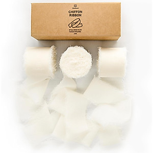 Vitalizart 3 Rolls Handmade Fringe Chiffon Silk Ribbon 1.5" x 7Yd Cream White Ribbons Set for Wedding Invitations, Bridal Bouquets, Gifts Wrapping, DIY Crafts
