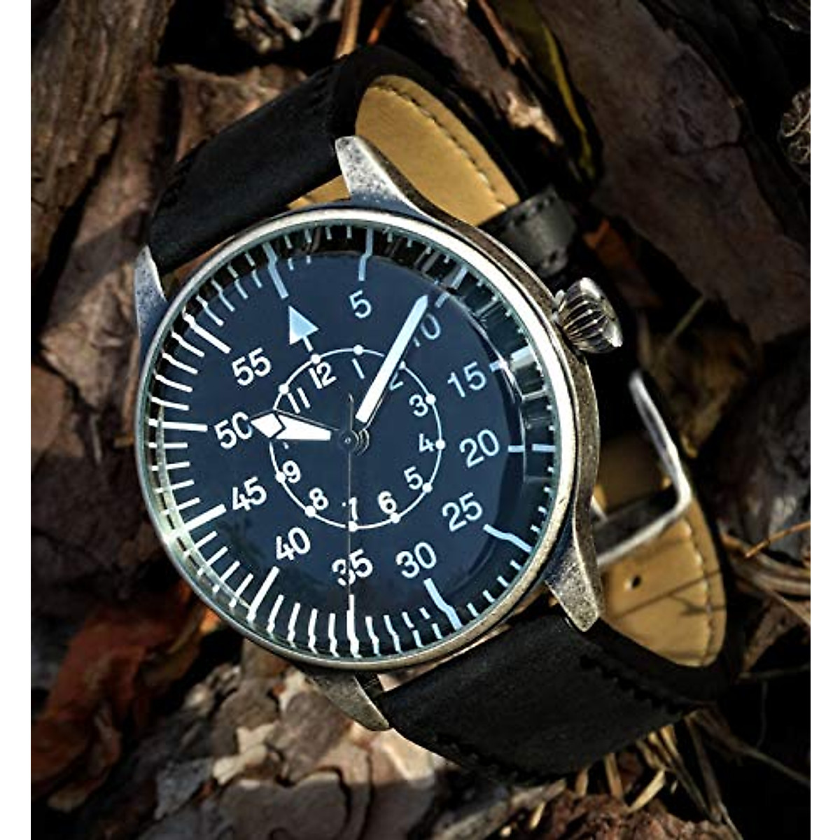 Mil-Tec Vintage Aviator Watch Black Dial Quartz Mens Flieger Pilot World War 2 Wristwatch