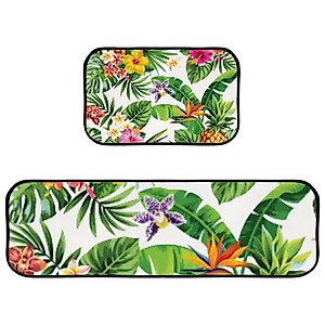 Vantaso Kitchen Floor Mat Rug Tropical Pineapples Palm Flowers Set of 2 Cushioned Non-Slip Comfort Runner Rugs