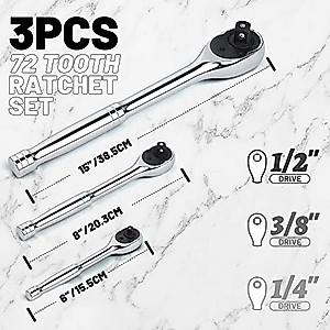 UYECOVE Long Ratchet Wrench Set, 1/4", 3/8", 1/2" Drive Long Handle Ratchet 3pcs Set, 72-Tooth Reversible Quick-Release, CR Steel and CR-MO Head, with EVA Storage Tray