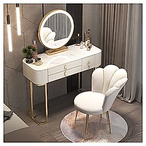 Qingluan Dressing Table Set with Drawers LED Lights Mirror and Makeup Chair, 3 Drawers Makeup Table Set with Cushioned Stool Vanity Table for Girls Bedroom,White,80cm/31.5in