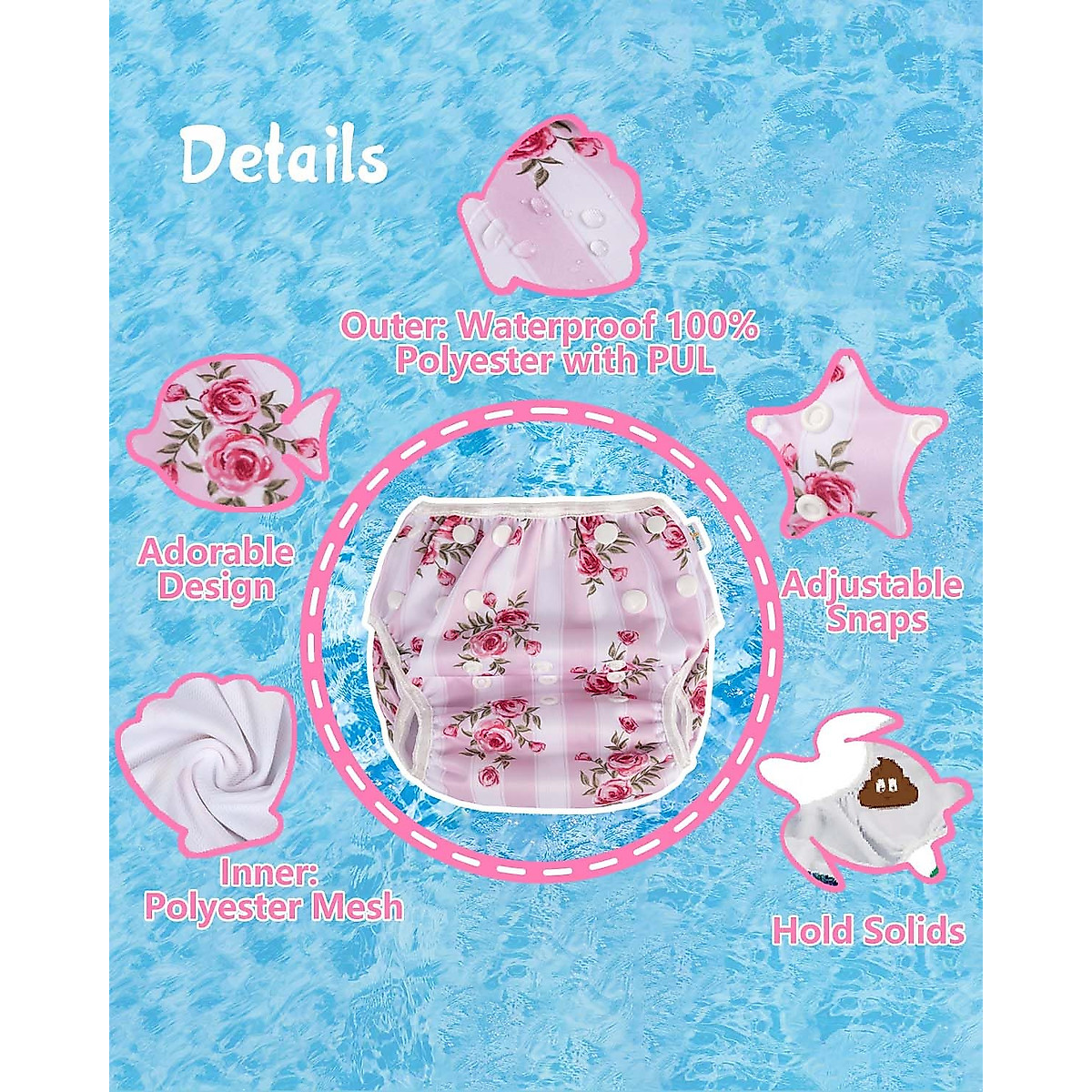 Babygoal Reusable Baby Girl Swim Diapers 3 Pack - Adjustable Washable for 0-8 Months Infants - Ideal for Swimming Lessons - Flower Design