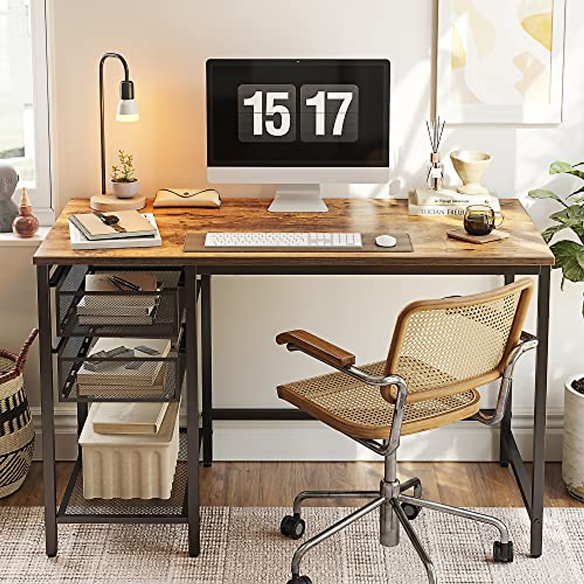 CubiCubi Computer Desk with Drawers, 47 Inch Office Desk with Storage Shelves, Modern Writing Study Work Desk for Home Office, Rustic Brown