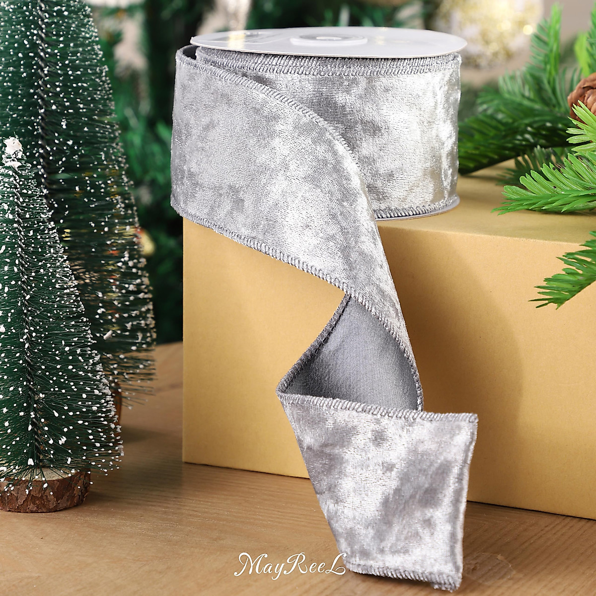 MAYREEL 2.5 Inch Silver Crushed Velvet Ribbon Wired for Christmas Decorations Gift Wrapping Wreaths Tree Toppers 10 Yards