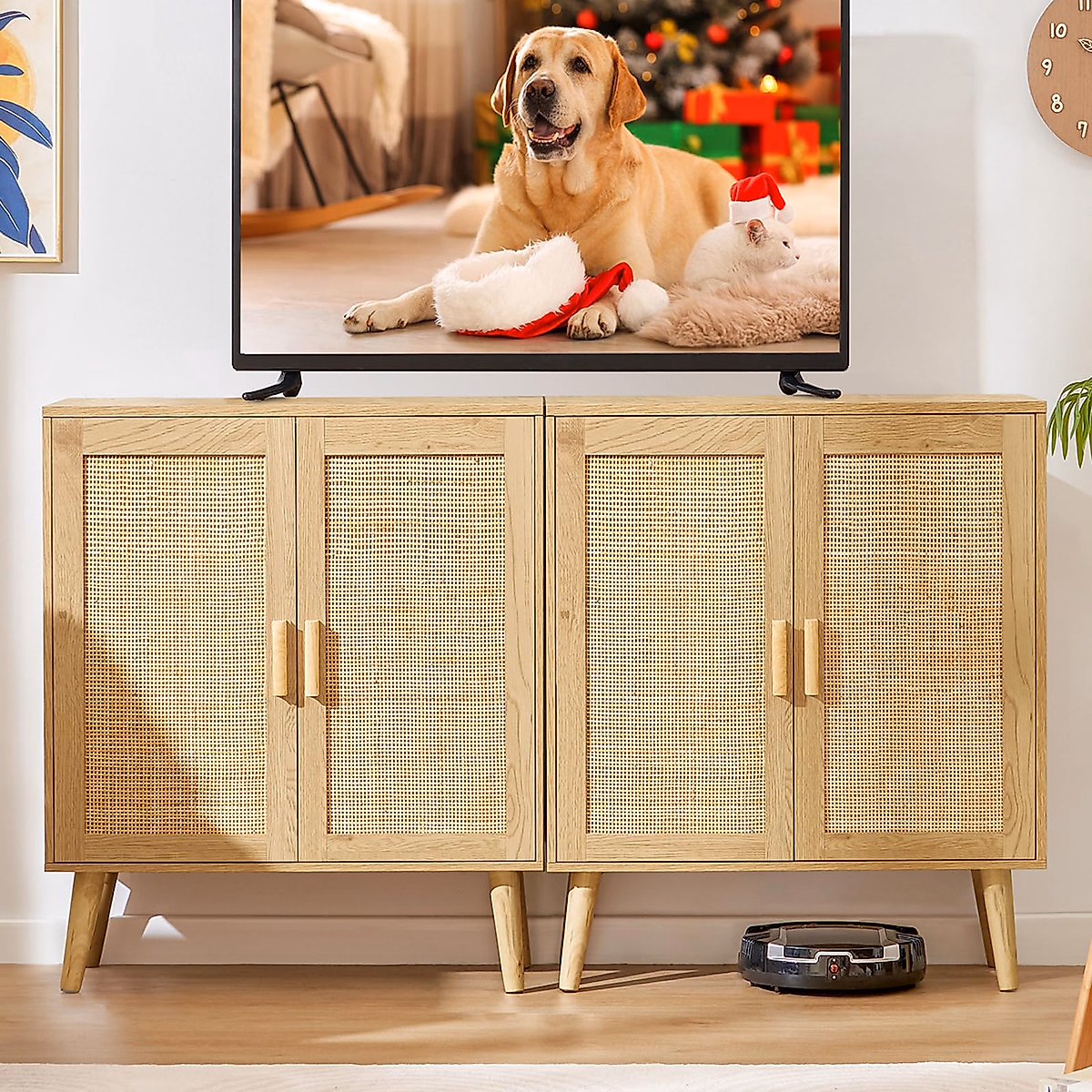 Iwell Storage Cabinet with Adjustable Shelf, Rattan Cabinet with 2 Doors, Rattan Storage Cabinet, Accent Cabinet for Living Room, Dining Room, Entryway, Natural