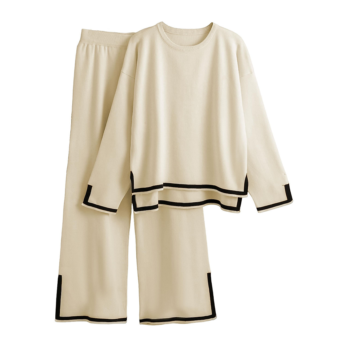 Tanming Women's 2 Piece Outfits Long Sleeve Knit Sweater Top Wide Leg Pants Lounge Sets Tracksuits (Apricot-M)