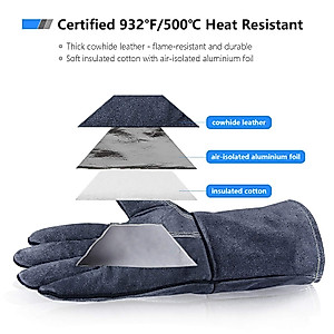 OZERO 932°F Heat Resistant Forge Welding Gloves 14 inches Cowhide Leather - Long Sleeve and Insulated Lining Grill Glove for Tig Welder/Mig/Barbecue/Stove Gray
