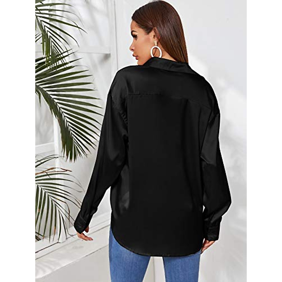 SOLY HUX Women's Satin Silk Long Sleeve Button Down Shirt Office Work Blouse Top Black S