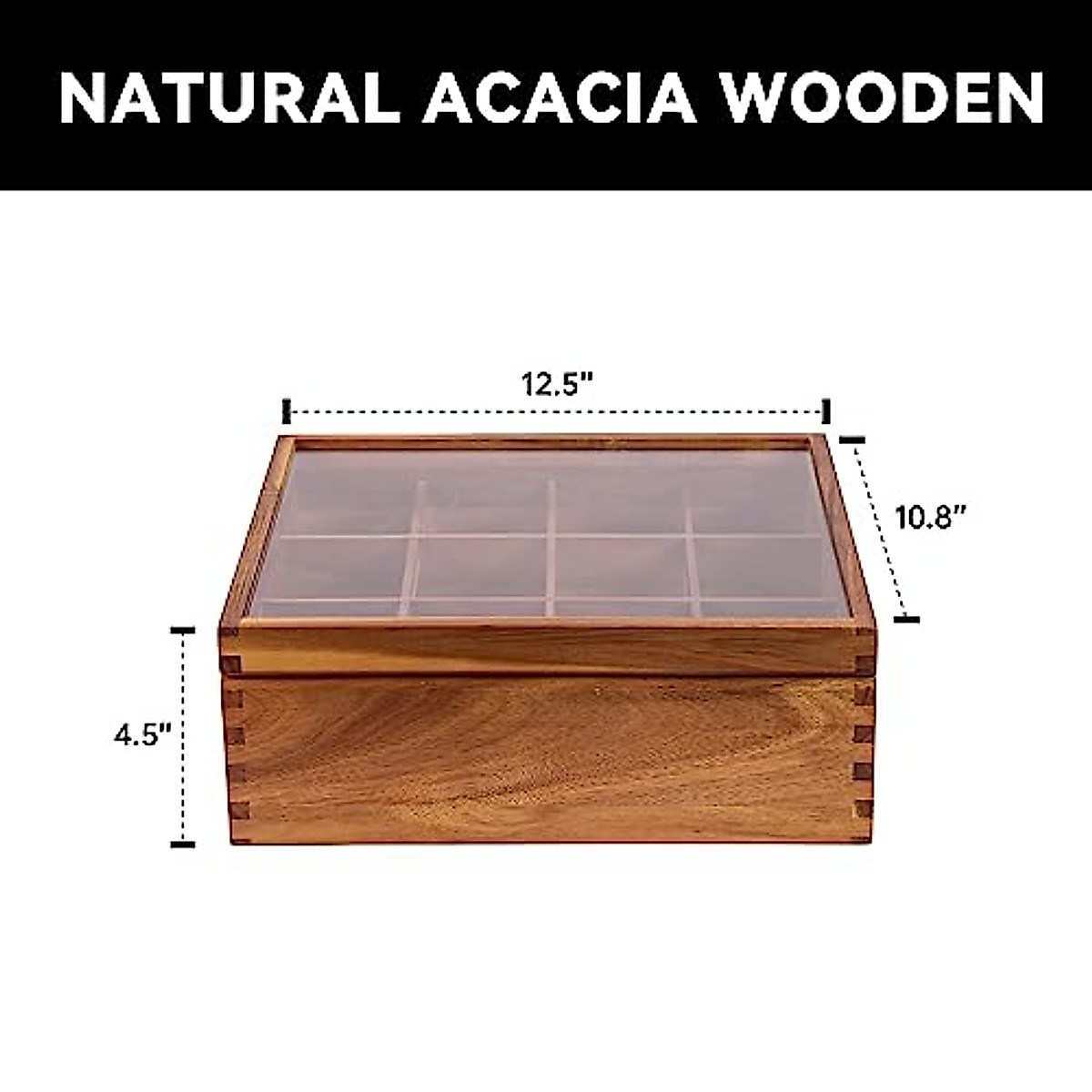 KITEISCAT Acacia Wood Tea Organizer Box - 12 Compartments, Multi-Functional Tea Bag Storage Solution