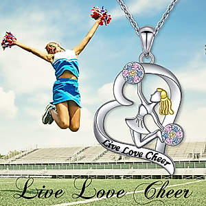 Gift for Cheering Teams, 925 Sterling Silver Engraved Live Love Cheer Up Cheerleader Girl in Heart Pendant Necklace Good Luck Gift for Women Daughter, 18 inch