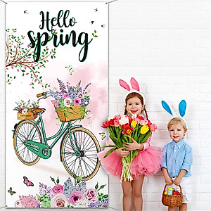 Hello Winter Welcome Porch Sign Door Cover Banner Winter Party Decoration Backdrop Floral Bike Banner Large Seasonal Door Banner Background Door Cover, 70.8 x 35 Inch (Spring Style)