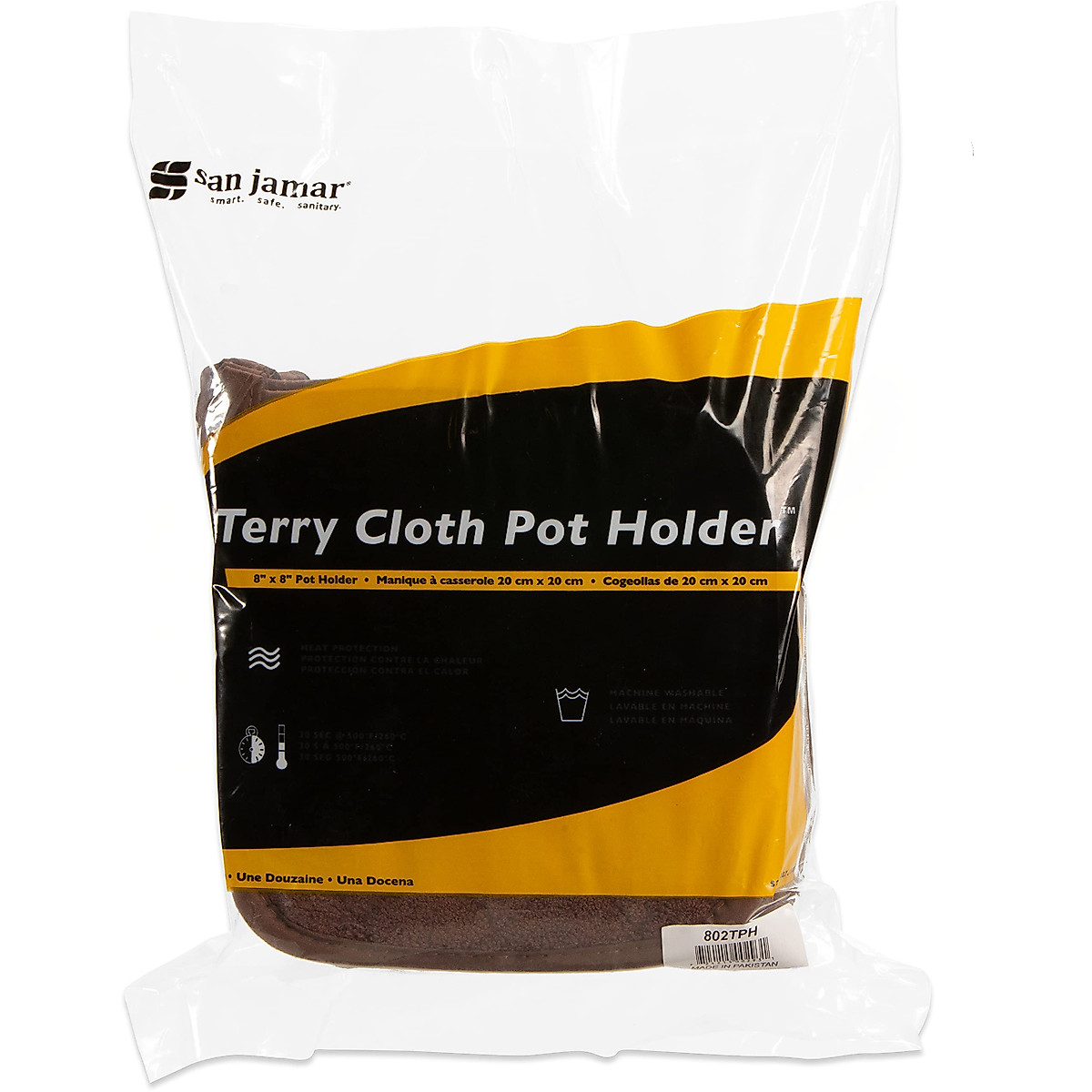 San Jamar Cotton Terry Cloth Square Potholders, 8 Inches, Brown, Medium (Pack of 12)