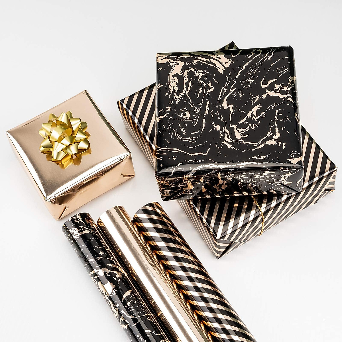 MAYPLUSS Wrapping Paper Roll - Mini Roll -17in x 120in Per roll -Black Gold Foil Marble Stripe,Gold for Birthday,Part,Wedding,Men's Vintage Wrapping Paper Roll all Occassions (42.3 sqft)