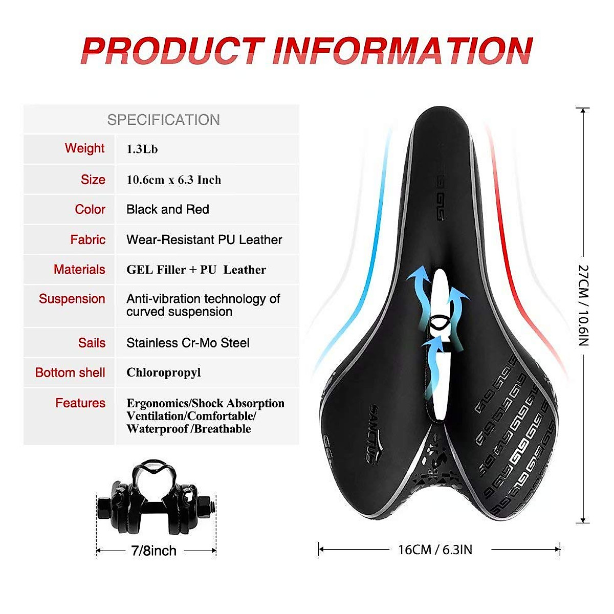 Sanctus Comfortable Bike Seat Men Women Gel Bicycle Saddle Padded Replacement Comfort Road Exercise Bikes Cushion with Waterproof Cove for MTB Mountain Bike Road Bike Exercise Bike