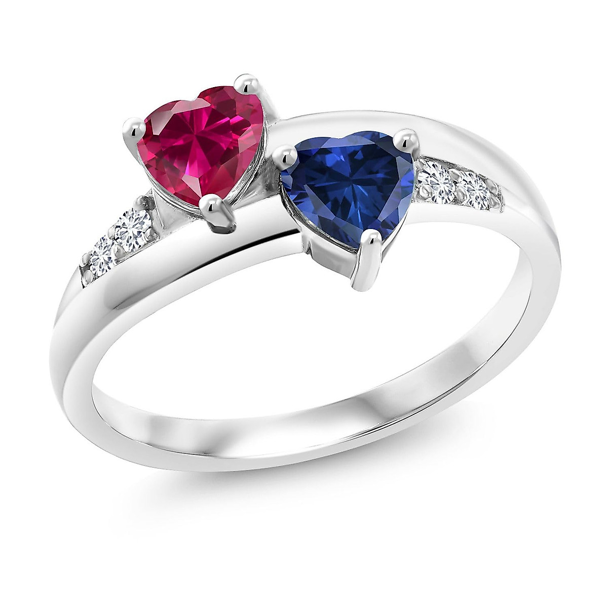 Gem Stone King 925 Sterling Silver Red Created Ruby Blue Created Sapphire and White Lab Grown Diamond Ring For Women (1.29 Cttw, Heart Shape 5MM, Available in size 5, 6, 7, 8, 9)