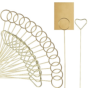 QTLCOHD 100Pcs Floral Card Holder Picks, 13.4 Inch Heart Shape Metal Floral Place Card Holder, Picture Photo Memo Holder Gold Round Photo Stick Clip, Gift Card Holder for Wedding and Party