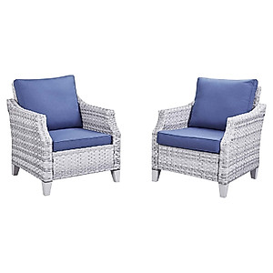 HUMMUH Outdoor Wicker Chairs Patio Dining Chairs Set of 2 PE Wicker Patio Chairs with High Back and Deep Seat, 4 inch Seat Cushions for Garden Porch Backyard (Mixed Grey/Blue)
