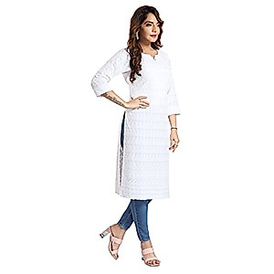 QUEEN SHIELD Women's Chikan-Kari Long Knee Length Kurti(White)(L)(40White9999)