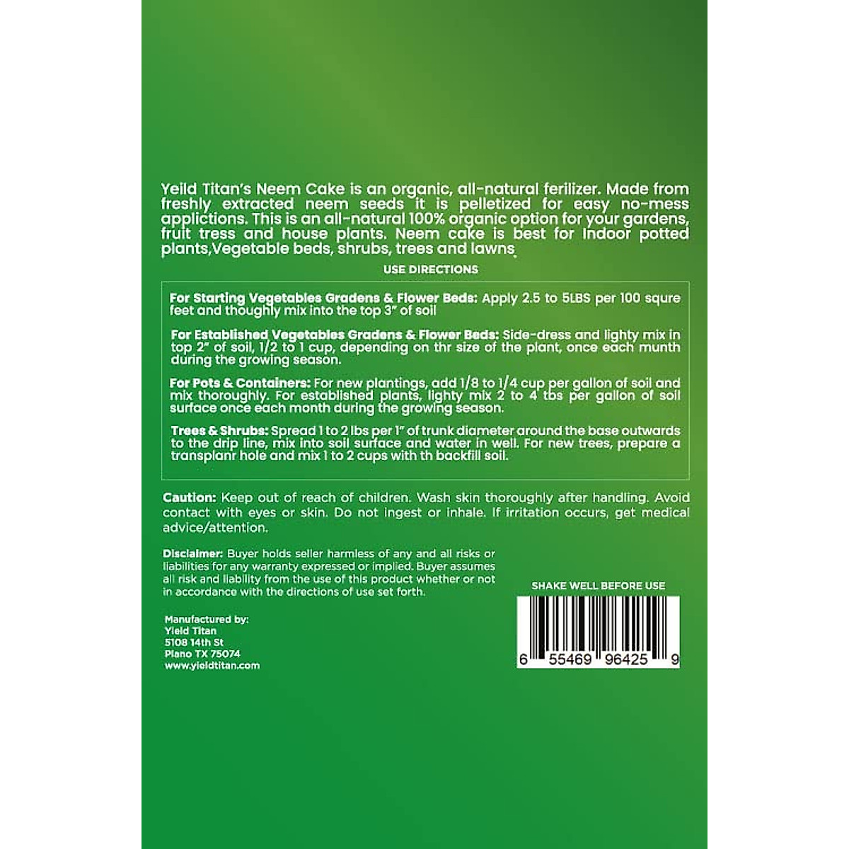 Yield Titan Premium Neem Cake, Natural Fertilizer for Gardening and Soil Amendment (6LB)