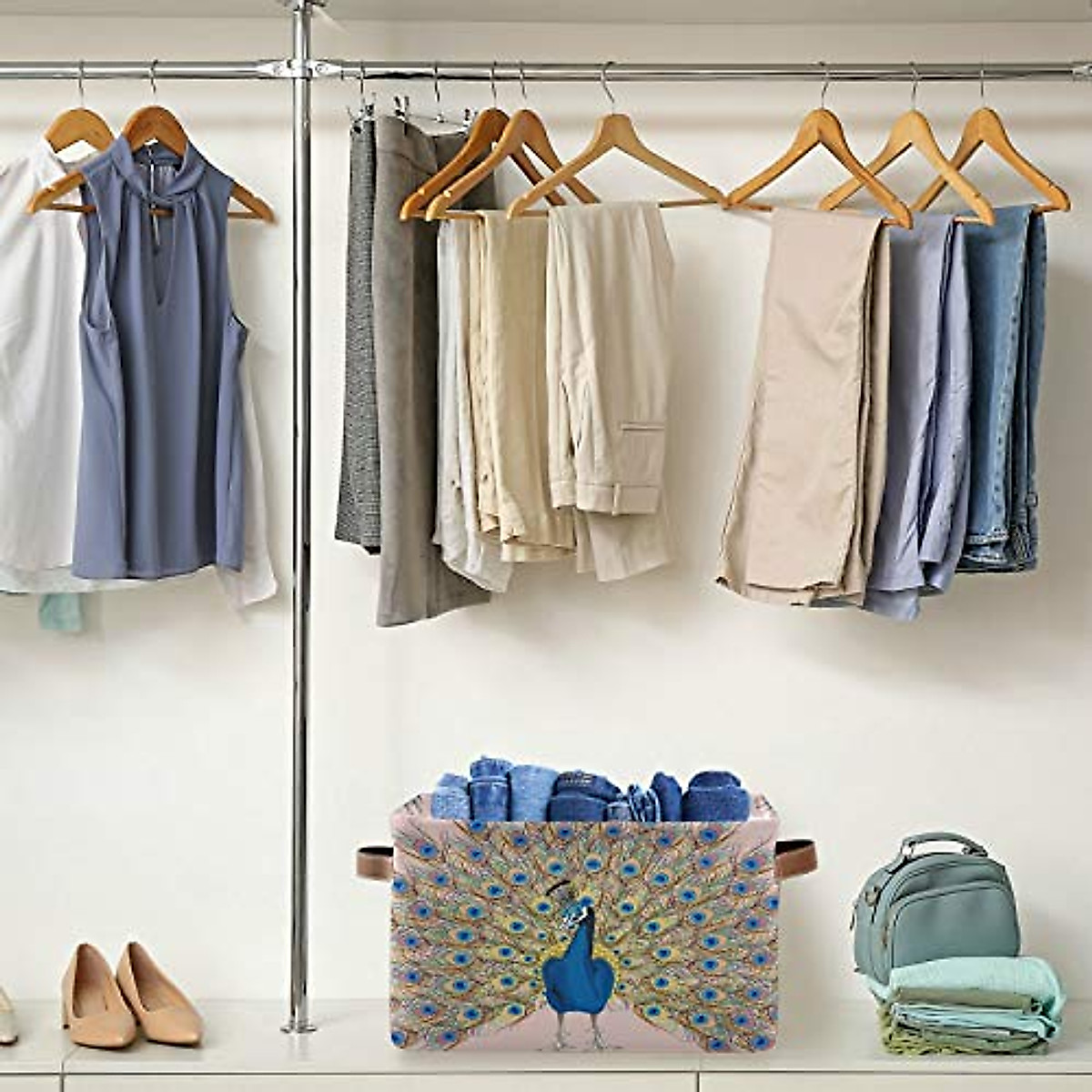 STAYTOP Large Storage Basket Peacock Painting Collapsible Toy Storage Bins Waterproof Laundry Basket with Handle,Used for Home Closets, Offices, Bedrooms 1PCS