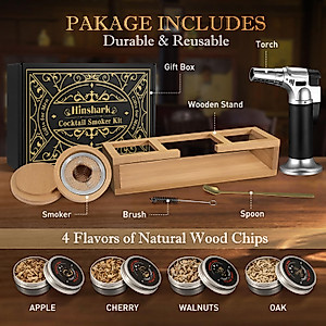 Hinshark Cocktail Smoker Kit with Torch & Stand - 4 Flavors Wood Chips for Old Fashioned Smoker Kit, Bourbon Whiskey Gifts for Men, Christmas Gifts For Men, Dad, Husband, Grandpa (No Butane)