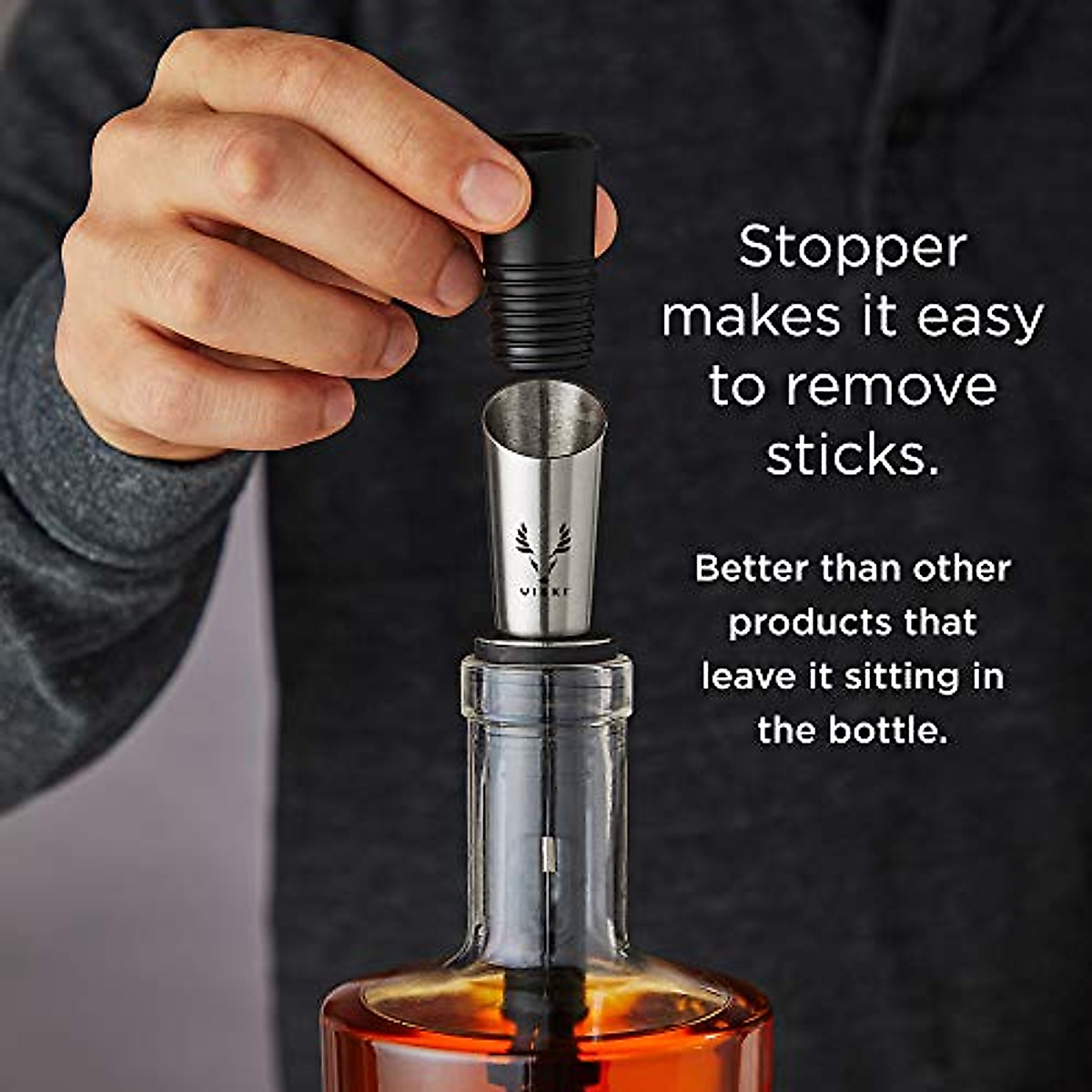 Viski Alchemi Liquor Aging Kit 2 Charred American Oak Wood Sticks with Stopper Pourer, Stainless Steel, Silicon, Black, 1x7.85x3