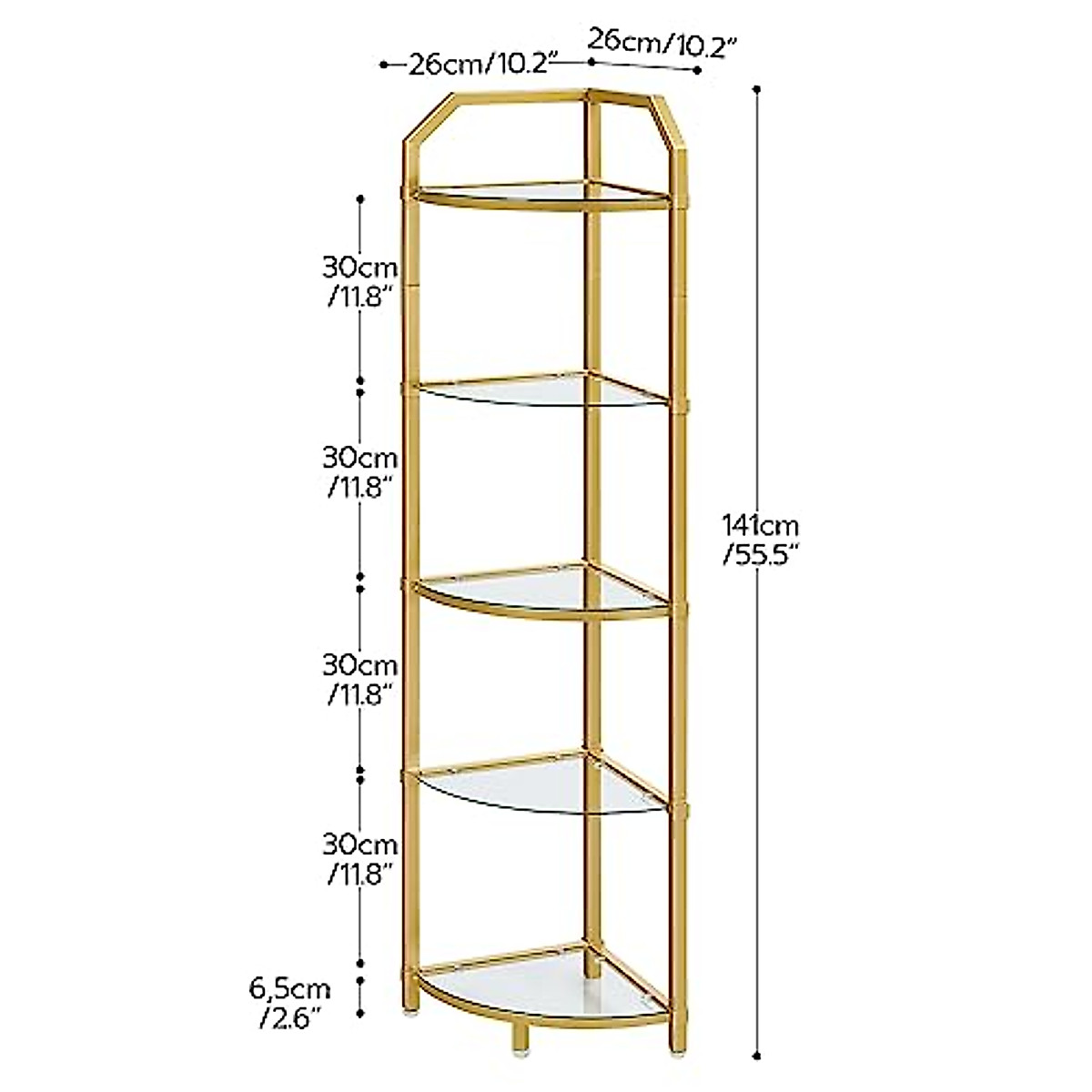 HOOBRO 5-Tier Corner Shelf Stand, Gold Corner Bookshelf, Tempered Glass Shelves, Corner Plant Stand, for Living Room, Bedroom, Study, Bathroom, Balcony, Modern Style, Gold GD14CJ01
