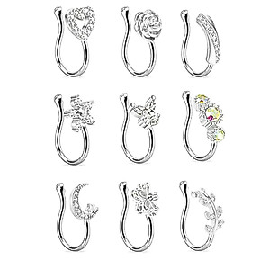 Barnabys Nose Cuffs Non Piercing. Pack of 9 Nose Cuffs - Silver With Rhinestones. 9 Stylish Designs to choose from - Nose Cuff Jewellery for Non Pierced Nose - Clip on Design - Silver