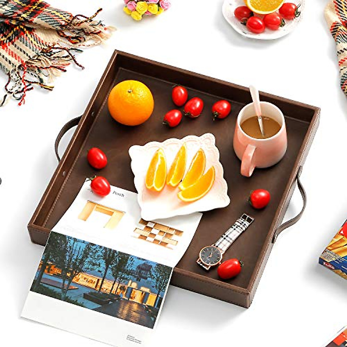 Ranslen Square Leather Serving Tray with Handles, 15"x15" Table Trays for Ottoman Coffee Table, Decorative Tray for Home Organizer Living Room Kitchen Food Tray, Breakfast Tray in Bed, Brown