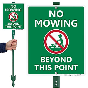 SmartSign 12 x 10 inch “No Mowing Beyond This Point” LawnBoss Yard Sign with 3 foot Stake, 40 mil Laminated Rustproof Aluminum, Red, White and Green, Set of 1, Made in USA