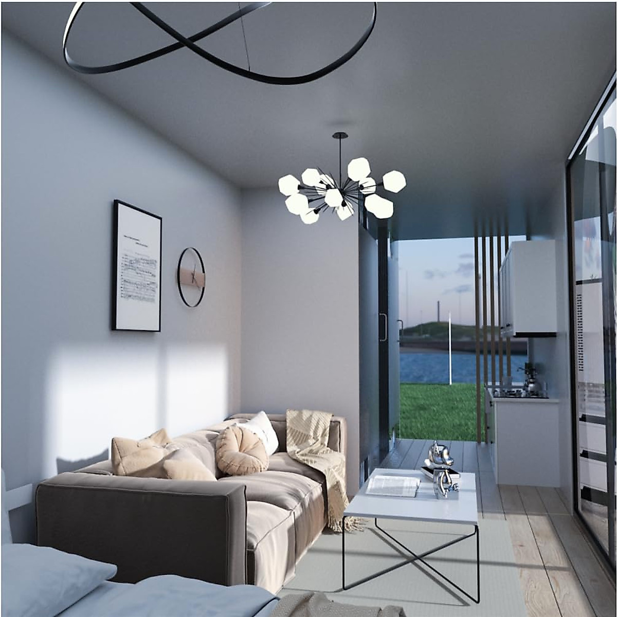 Generic Smart Portable Prefabricated Capsule Compact House Home with Deck with Balcony Spacious Bedroom.Smart Door Entry, Smart washroom Sunroof Solar Option, white