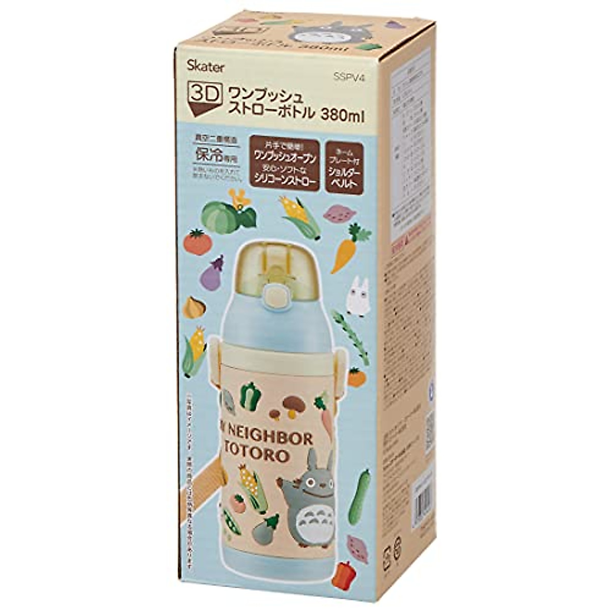 Skater SSPV4_494567 Children's Water Bottle, One Push Straw Bottle, Stainless Steel, 12.8 fl oz (380 ml), Ghibli My Neighbor Totoro, Light Color, Diameter 2.8 x Height 8.1 inches (72 x 206 mm), 3D