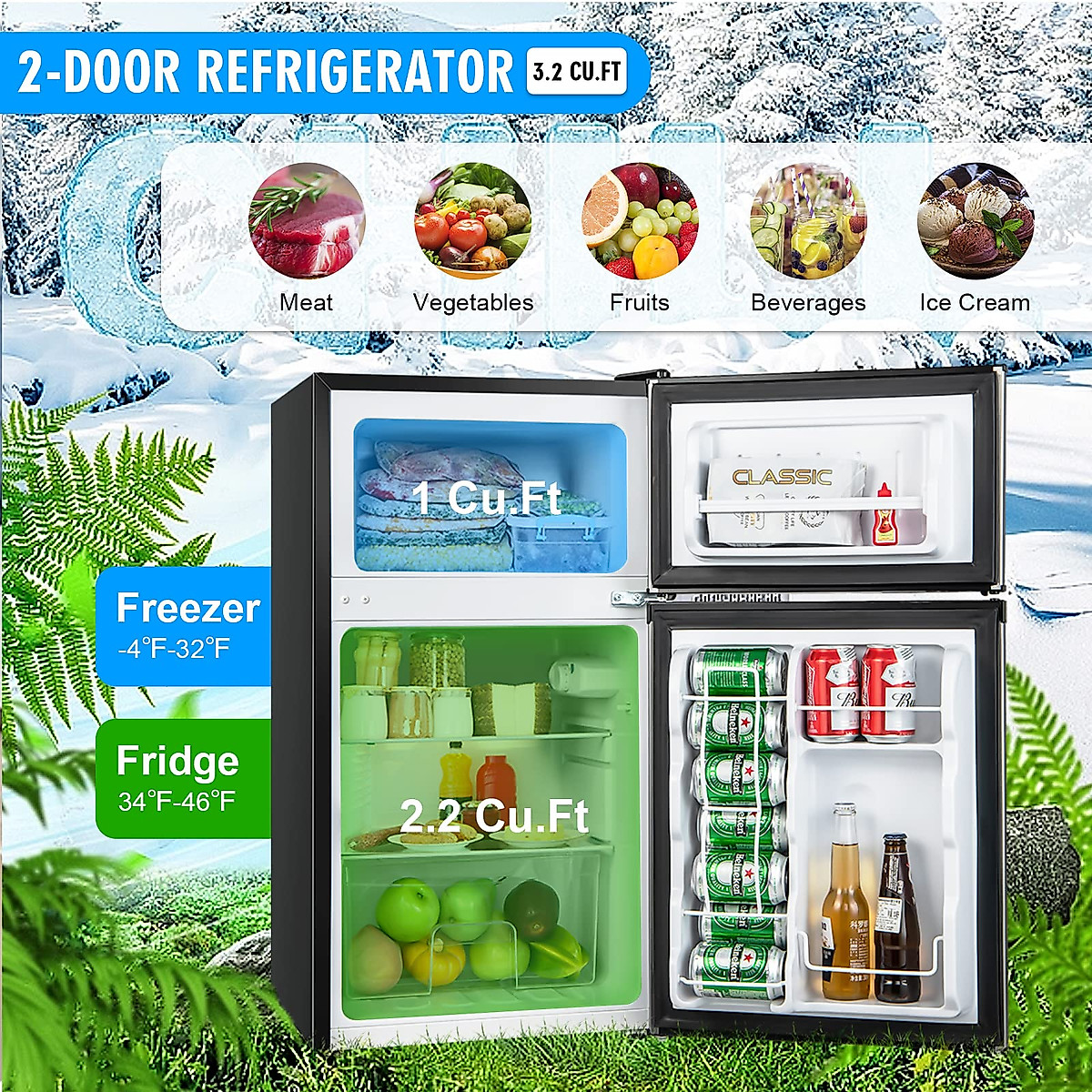 KOTEK 3.2 Cu.Ft Mini Fridge with Freezer, Silver Compact Refrigerator/Freezer with Reversible 2 Doors, 5 Level Adjustable Thermostat, & Removable Glass Shelves, Mini Fridge for Bedroom/Dorm/Office